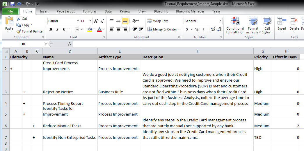Importing new requirements from Microsoft Excel