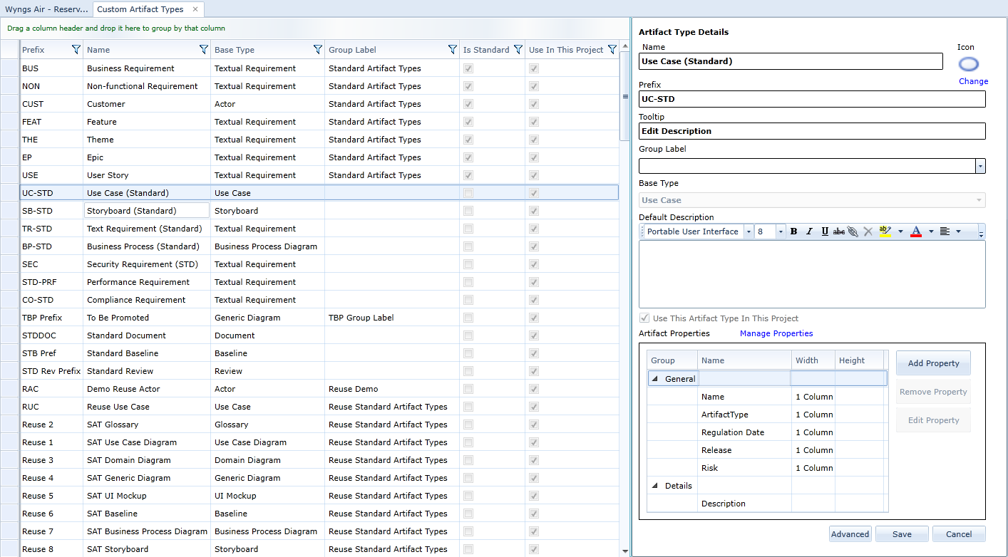 Managing custom artifact types
