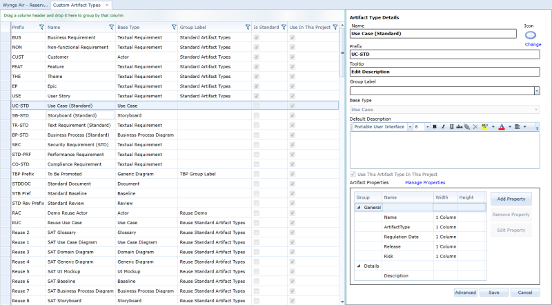 Managing custom artifact types